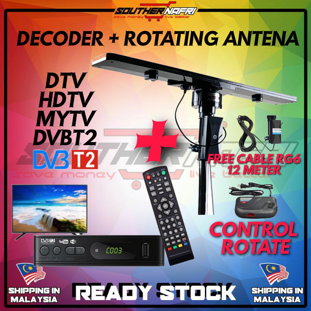 DECODER MYTV DVBT2 + ROTATING OUTDOOR ANTENA ARIEL 80-100KM DTV ...