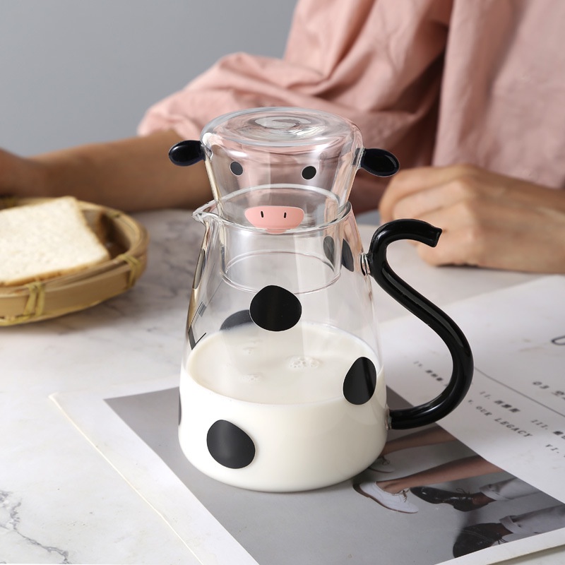 550ml Creative Cute Cow Cold Water Bottle Modern Fashion Glass Flower Teapot with Handle Milk ...