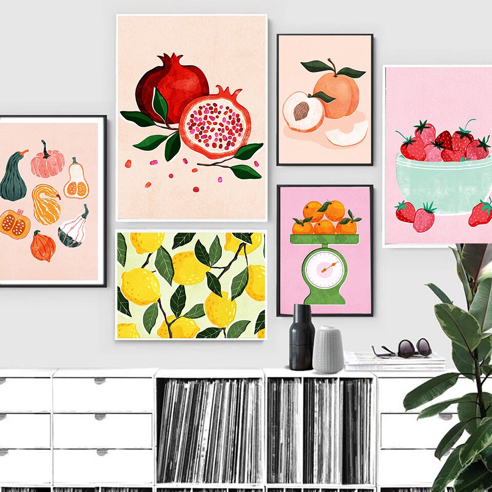 Pomegranate Pear Strawberry Kitchen Poster Fruit Food Orange Canvas ...