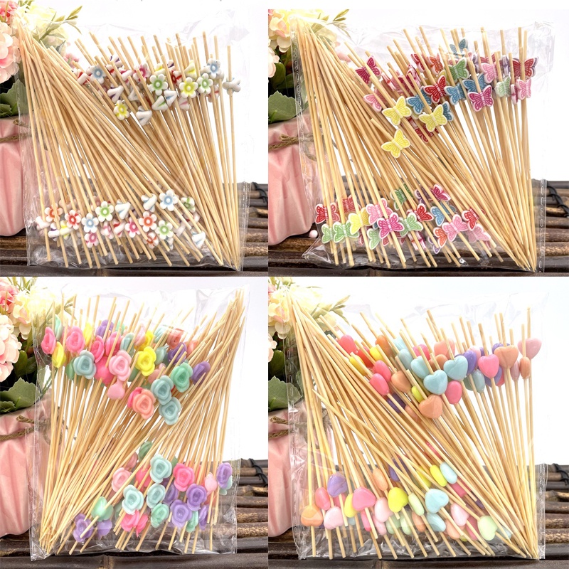 20Pcs butterfly flower Disposable Bamboo Fruit Sticks Forks Food Picks ...