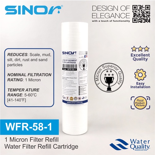 Sinor WFR-58-1 10" Water Filter Refill Cartridge 1-Micron Fine Fibre ...
