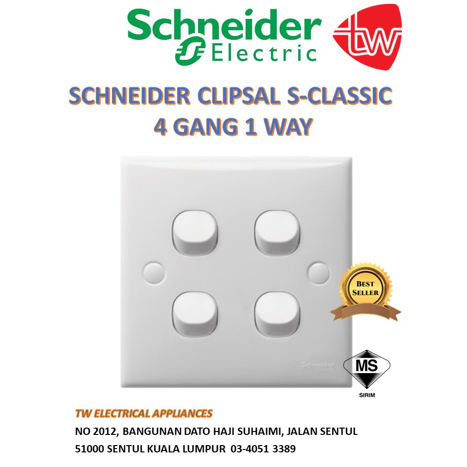 Schneider Clipsal S-Classic 10A 4 Gang 1 Way Switch - White | Shopee ...