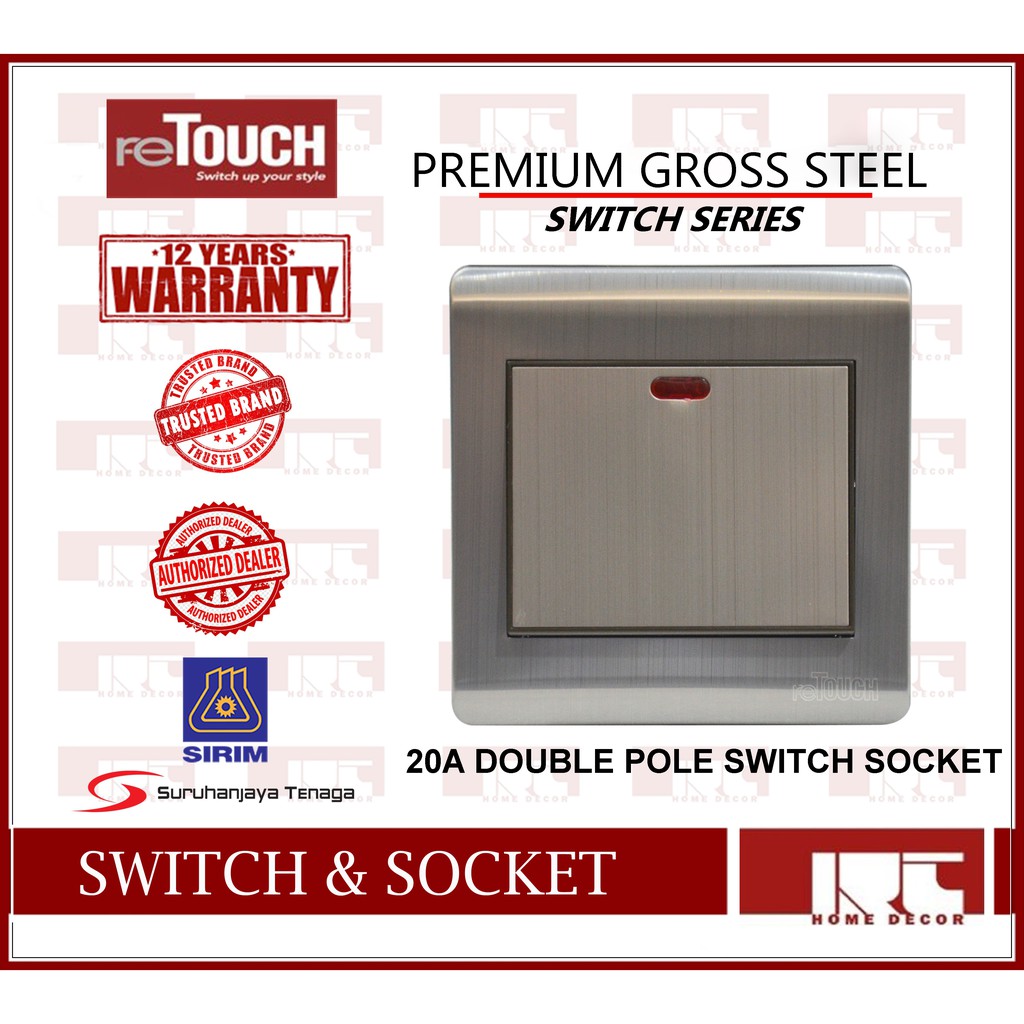 RETOUCH PREMIUM / WARM 20A DOUBLE POLE SWITCH WITH NEON FRAMELESS ...