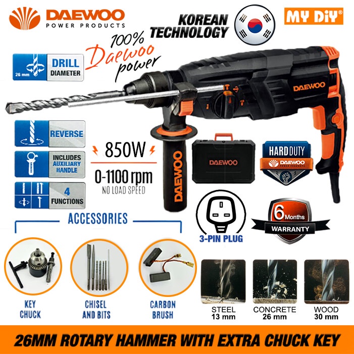 MYDIYHOMEDEPOT - Daewoo Rotary Hammer Drill 26MM 850W DARH-26 4 Mode ...
