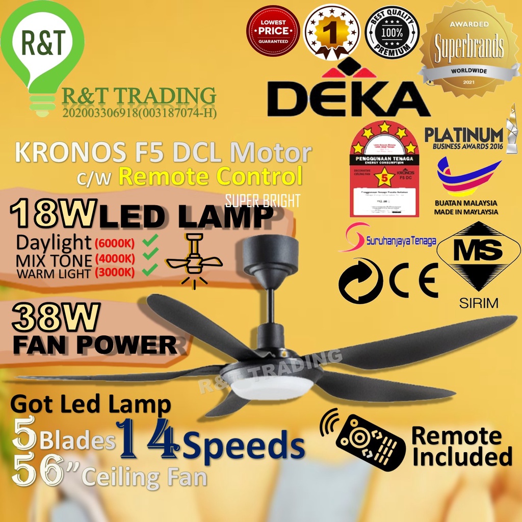 DEKA Kronos | F5 DCL with LED lamp+Remote 56"Ceiling Fan|5Blades|DC ...