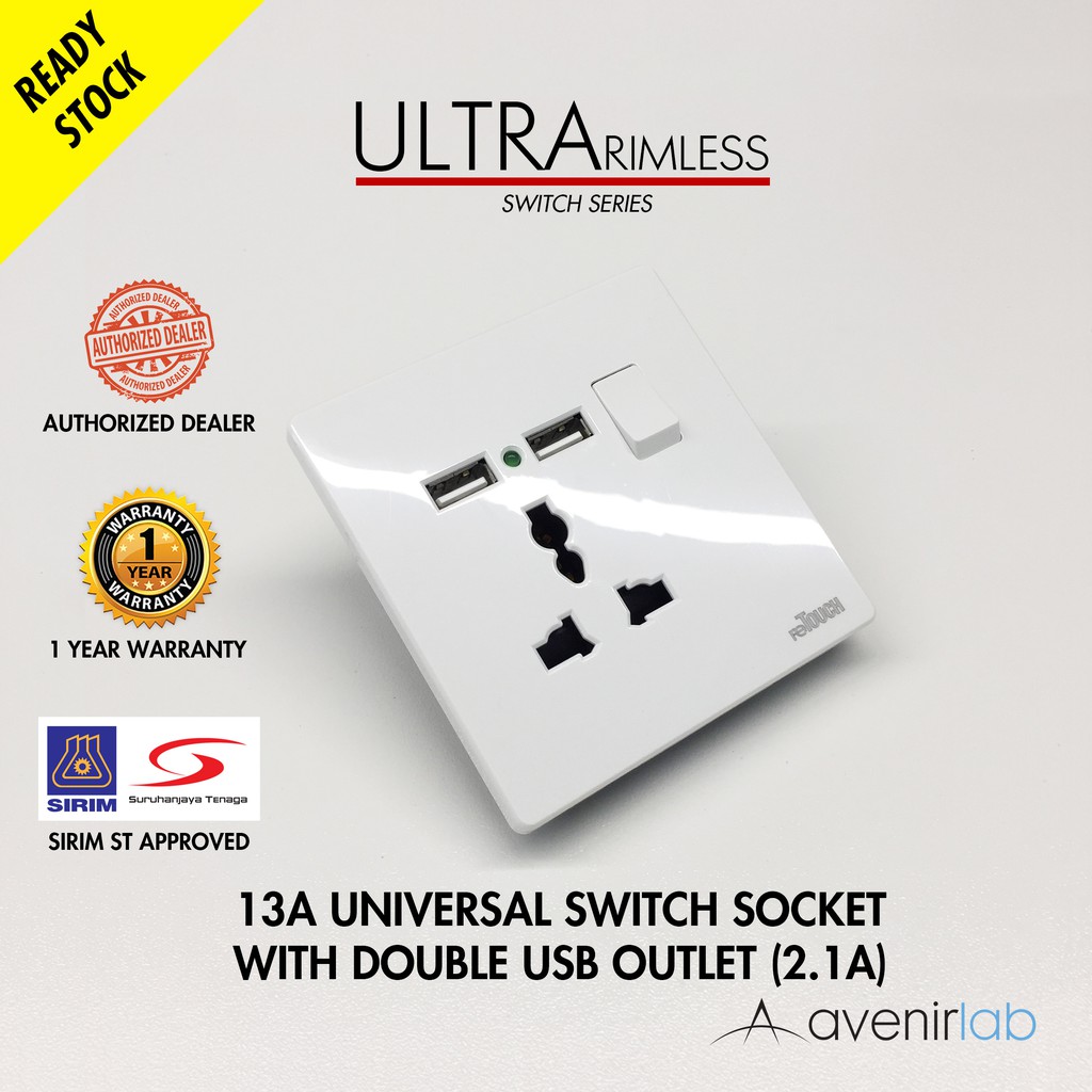 reTouch Ultra Rimless 13A Universal Switch Socket Double USB Outlet 2 ...