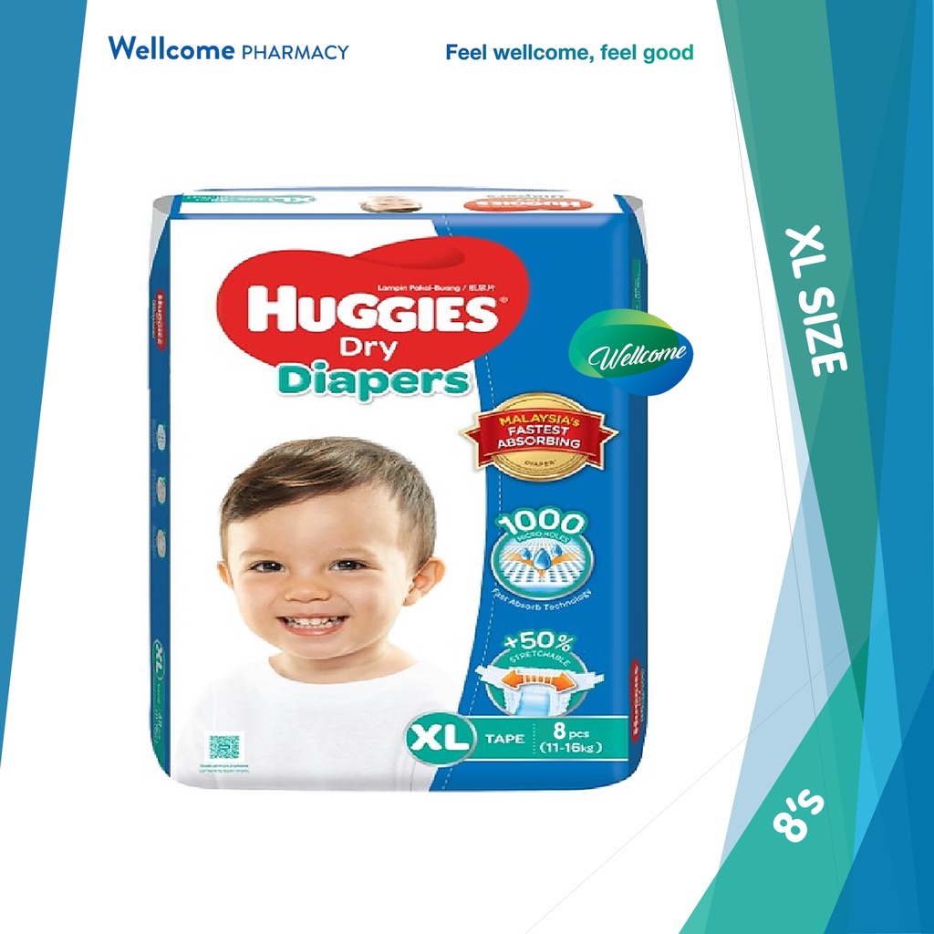 Huggies Dry Diapers - Size XL (11-16kg) - 8's (Economy Pack) | Shopee ...