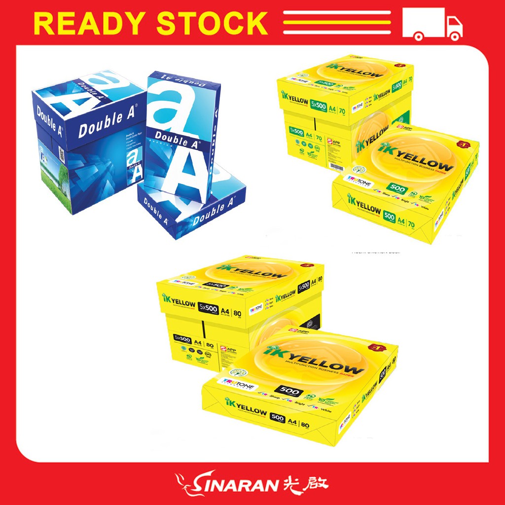 IK YELLOW 70/80gsm / DOUBLE A A4 70/80gsm Printing Paper 1 BOX (5 Reams ...