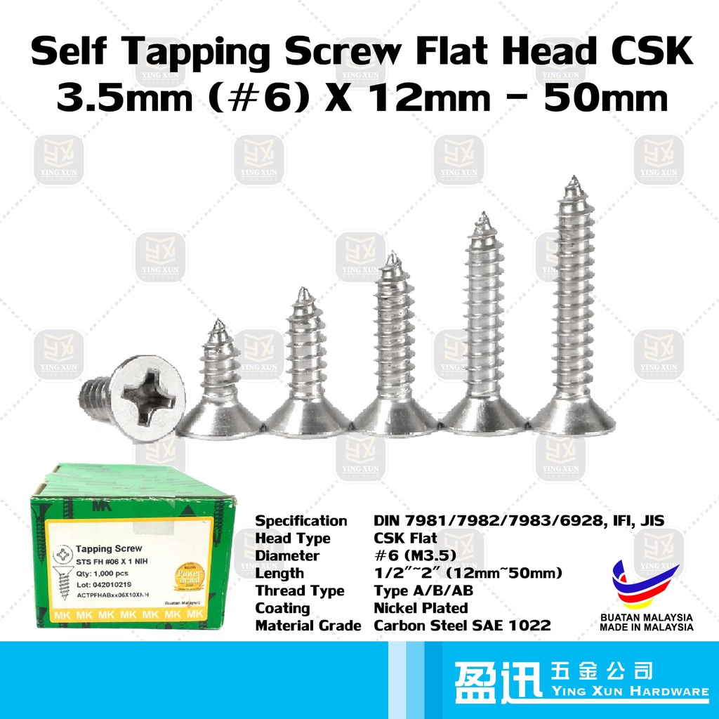 Self Tapping Screw Skru Kayu & Plastik CSK Flat Head M3.5(6#) 12mm(1/2 ...