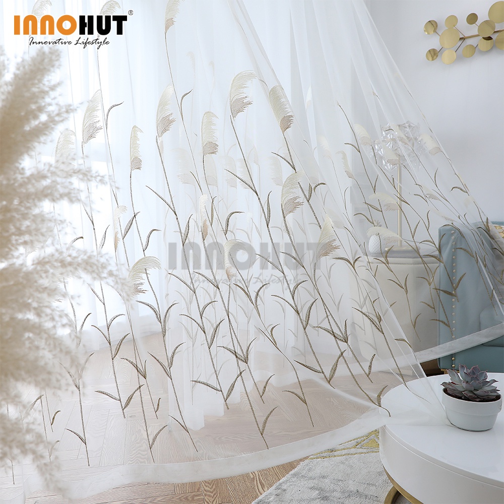 [1PC] Reed Grass Design Satin Stitch White Sheer Curtain Pinch Pleat ...