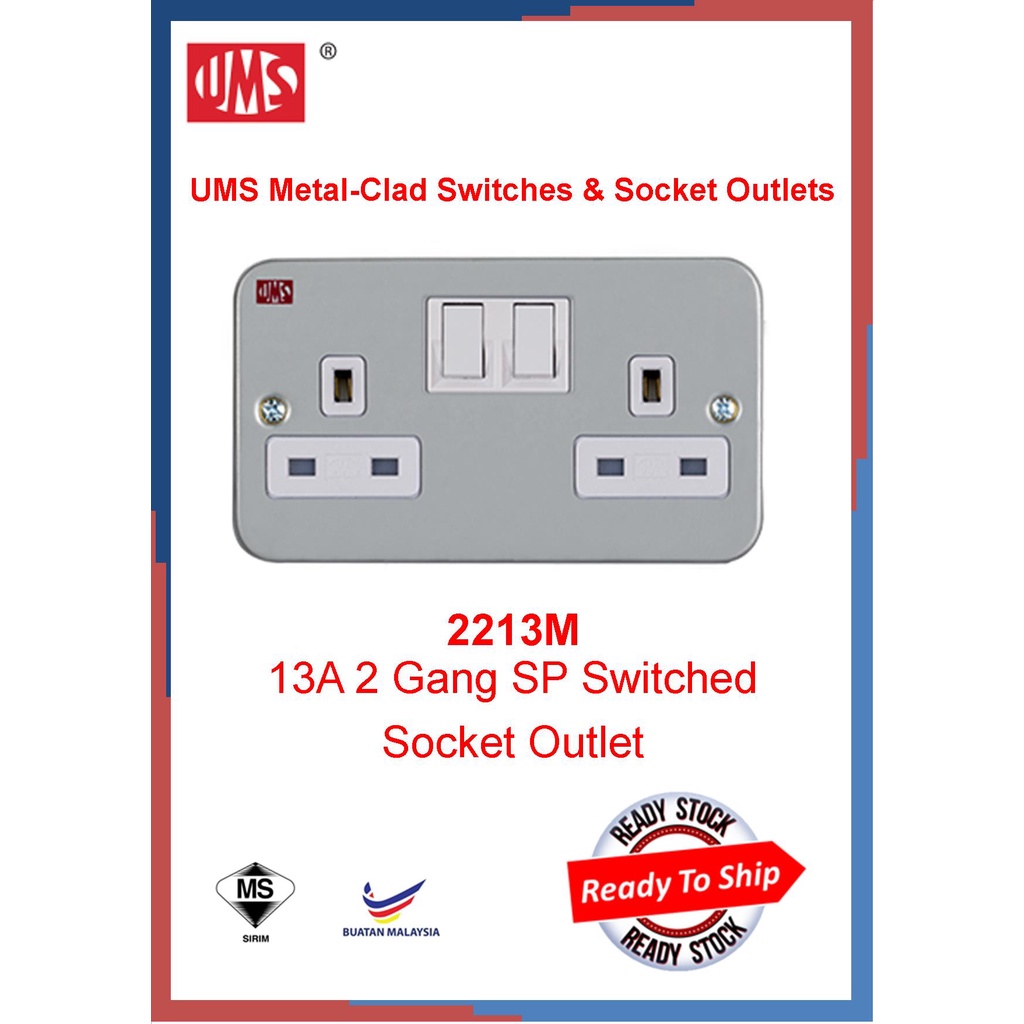UMS METAL CLAD 2213M 13A 2 GANG SP SWITCHED SOCKET OUTLET/DOUBLE SOCKET ...