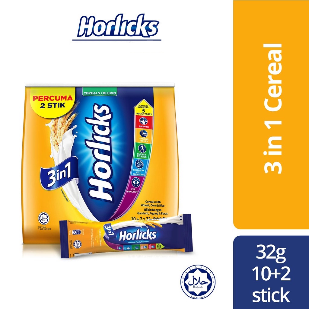 Horlicks 3 in 1 Sachet Pack Cereal Powdered Malt Drink (10+2 x 32g ...