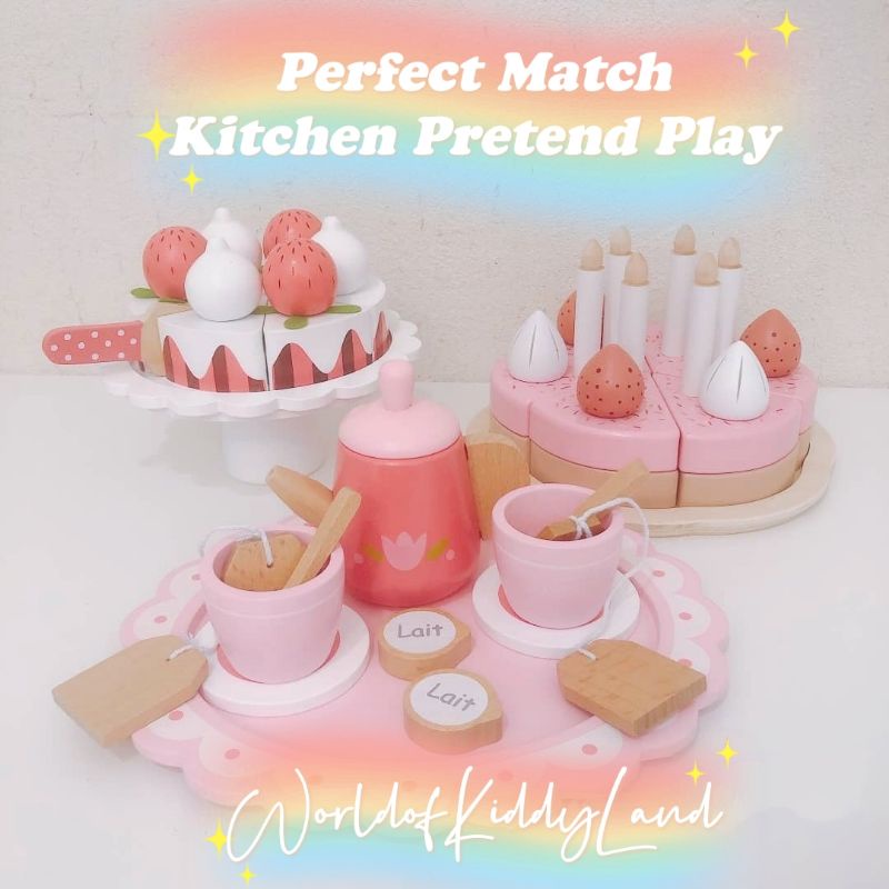 Kids Kitchen Play Set Pretend Play Toy Wooden Teapot Set Afternoon Tea ...