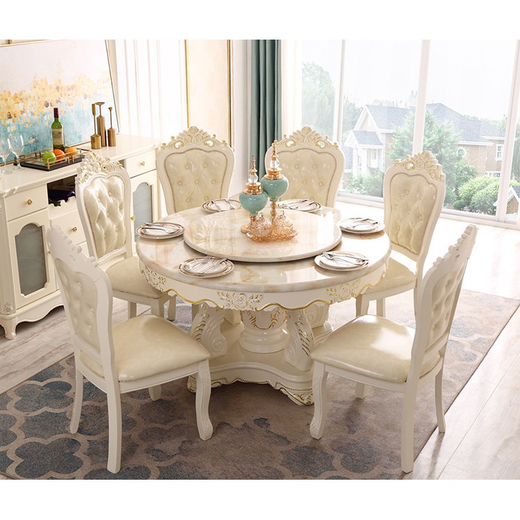 Luxury European Round Marble Table Dining Chair Set Elegant Wood ...