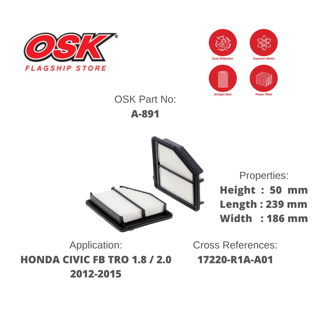 OSK AIR FILTER for HONDA CIVIC FB TRO 1.8 / 2.0 2012-2015 NO HYBRID AIR ...