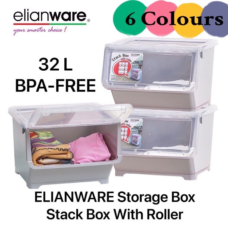 ELIANWARE Multipurpose Wardrobe Clothes Stack Box With Roller 32L ...