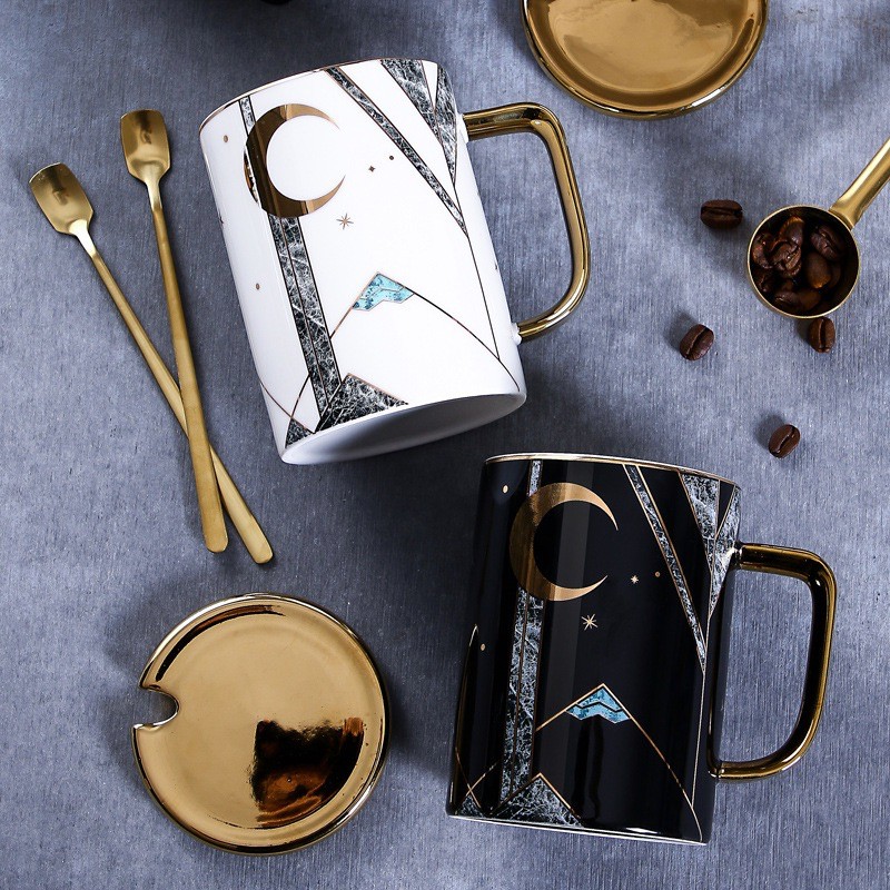 Moon pattern ceramic cup (with lid + spoon) | Shopee Malaysia