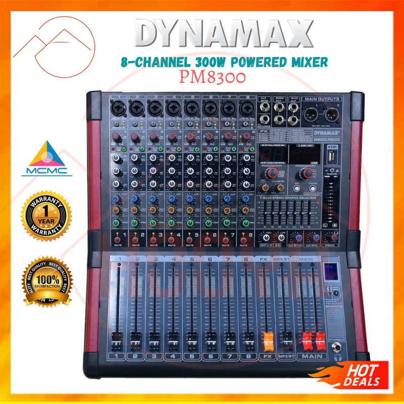 DYNAMAX PM8300 8-Channel 300W x 2 Powered Mixer With USB / Bluetooth ...