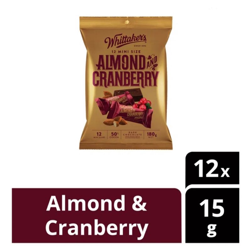 Whittaker's Mini Dark Chocolate Bar - Almond & Cranberry(12 x 15g ...