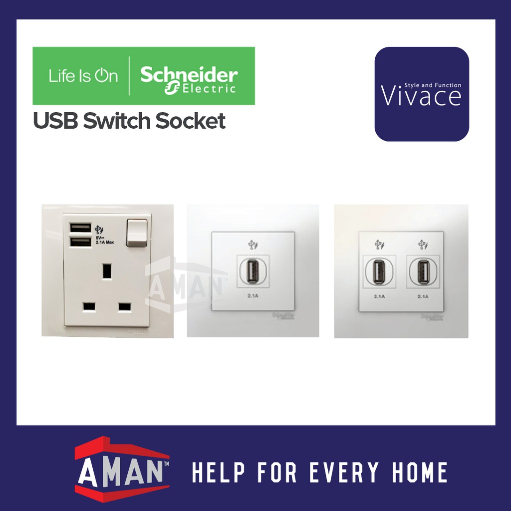 Schneider Vivace Switch Socket 3 Pin 13A 1 Gang 2 Gang 2.1A USB Charger ...