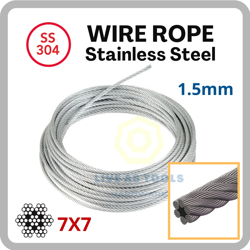 [1 Meter] 7X7 Stainless Steel Wire Rope SS304 1.5mm 钢丝绳/ Wire Clip ...
