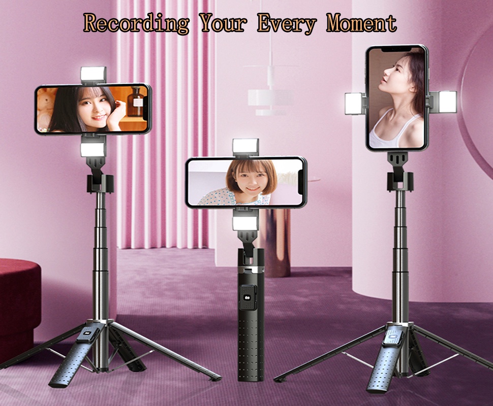 Selfie Stick Quadrapod w Fill Light & Bluetooth Remote Aluminum Alloy ...