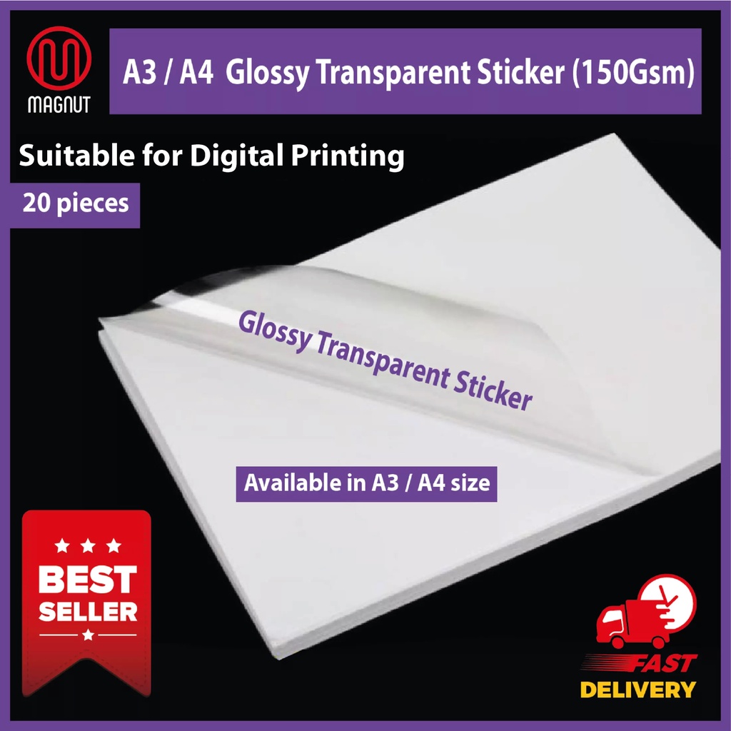 A4 / A3 size- 20 pieces - Glossy Transparent Sticker 150gsm / Self ...
