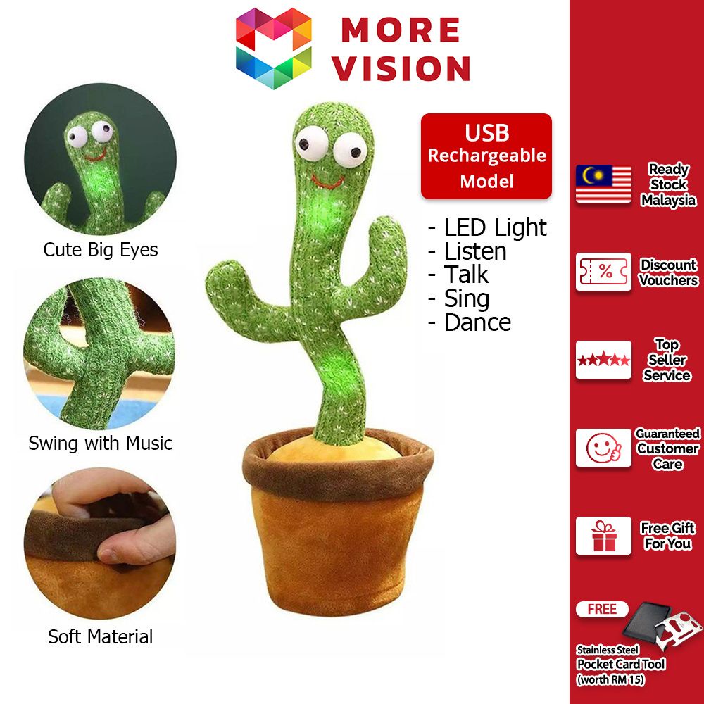 Dancing Cactus Plush Toy Talk Kaktus Bercakap USB Rechargeable Dancing ...