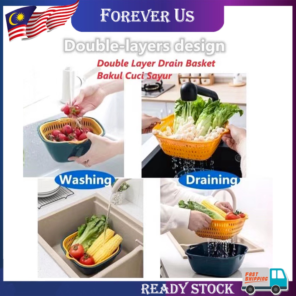 Double Layer Kitchen Vegetable Fruit Drain Basket Vegetable Washing ...