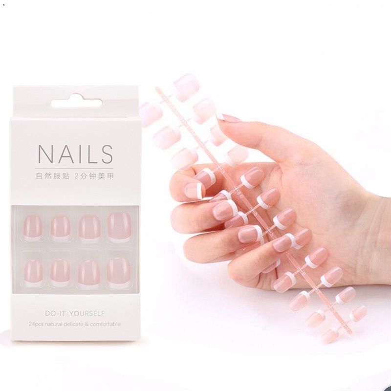 24Pcs Fake Nails Full Cover Fake Nail Natural Shiny Skin Color Kuku ...
