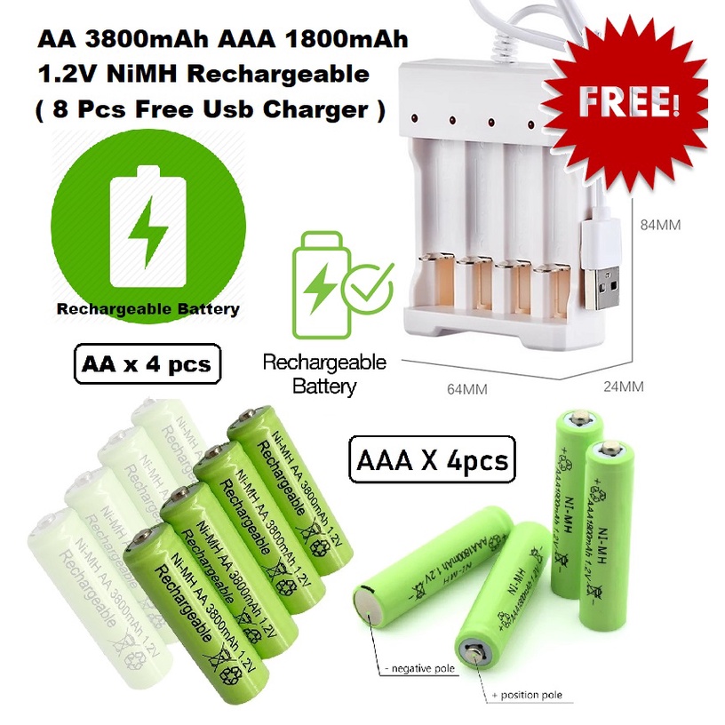 🔥 Barang Murah 🔥 ( 8Pcs AA /AAA FREE Usb Charger ) Bateri Boleh Dicas ...
