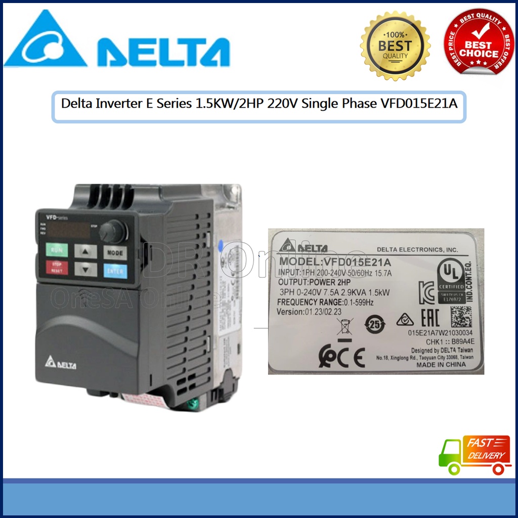 DELTA INVERTER, E SERIES ~ 1.5KW/2HP ~ 220V ~ 1PH, (VFD015E21A ...