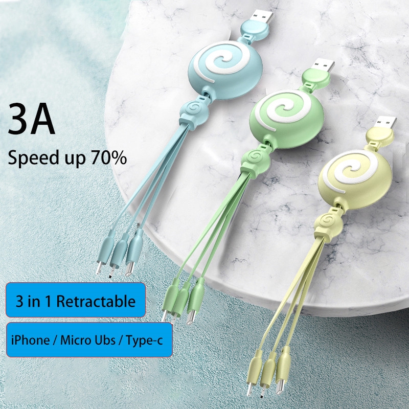 3A Fast Charging 3 in 1 Retractable USB Cable Type-c Charging for ...