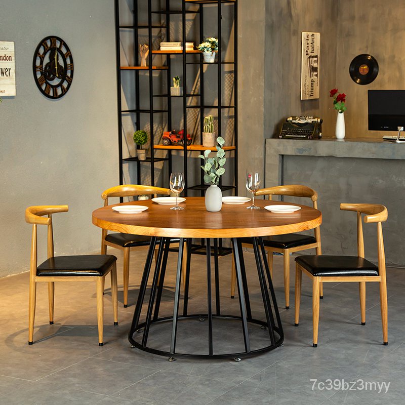 Industrial Style Retro Iron Art Solid Wood round Dining Table Simple ...