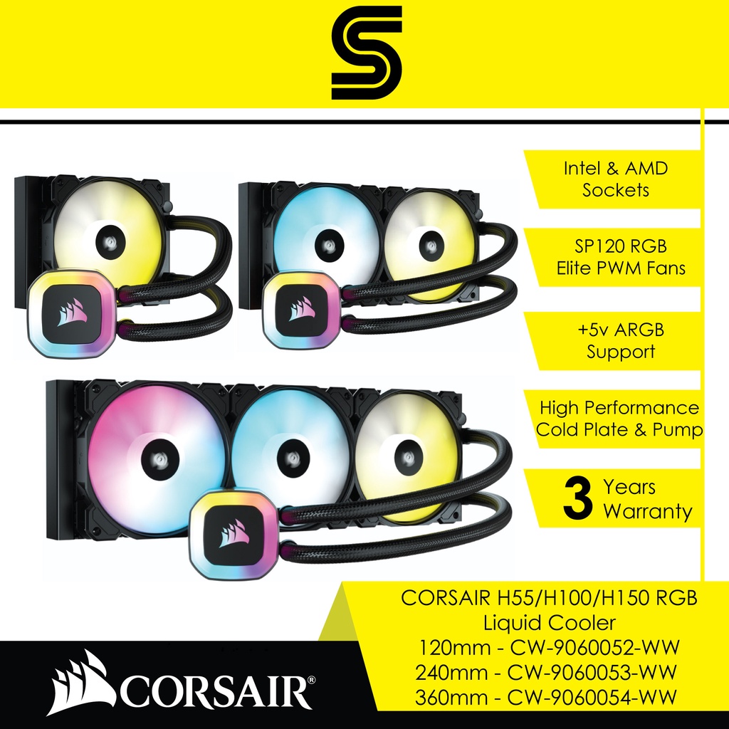 CORSAIR H55/H100/H150 RGB Liquid CPU Cooler - 120mm/240mm/360mm ...