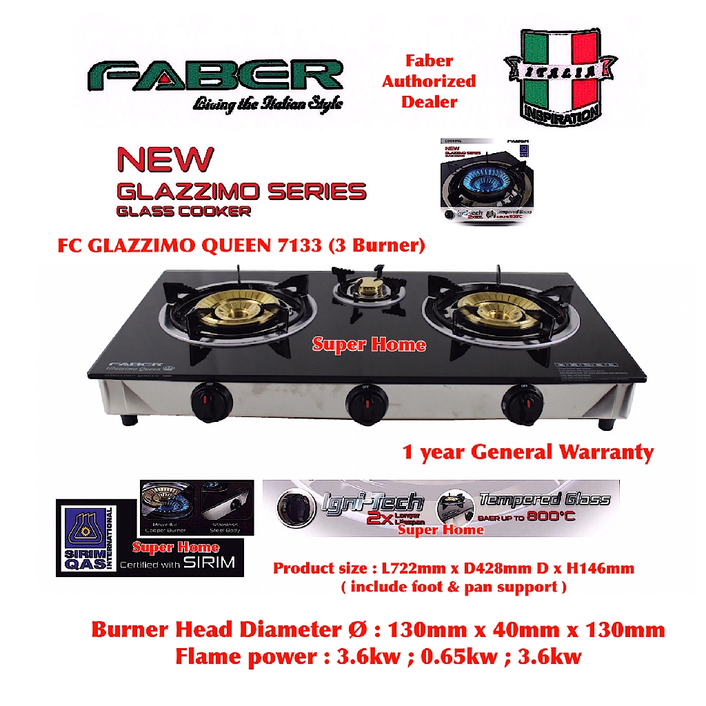 Faber Gas Cooker FC GLAZZIMO QUEEN 7133 Slim Body Design Tempered Glass ...