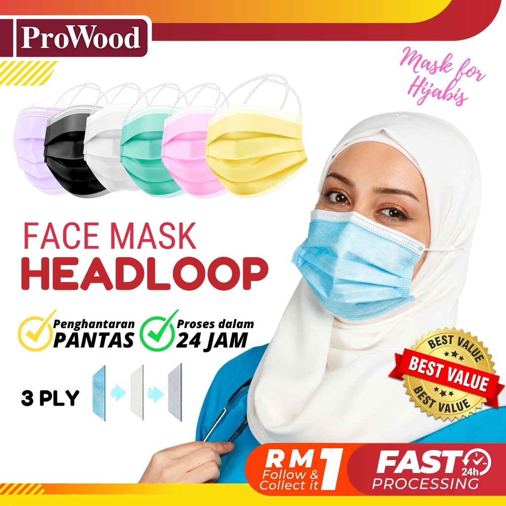 50pcs Hijab Tudung Face Mask Headloop Dust Protective Mouth Mask Topeng ...