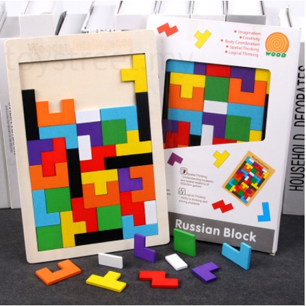 MY STOCK 40pcs 3 in 1 Russian Blocks Tetris Jigsaw Puzzle Wooden Kids ...