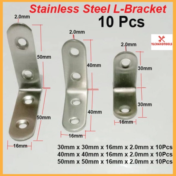 10PC X STAINLESS STEEL L-BRACKET ( 30X30X2.0MM , 40X40X2.0MM , 50X50 X2 ...
