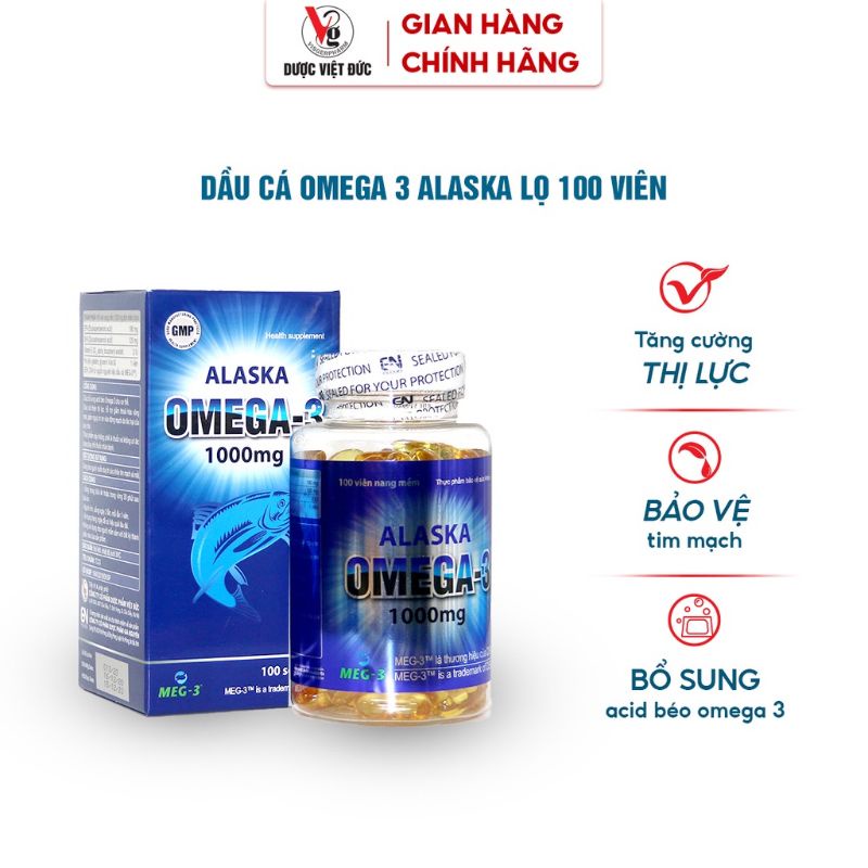 Bottle of 100 ALASKA OMEGA-3 1000mg fish oil capsules supplemented with ...