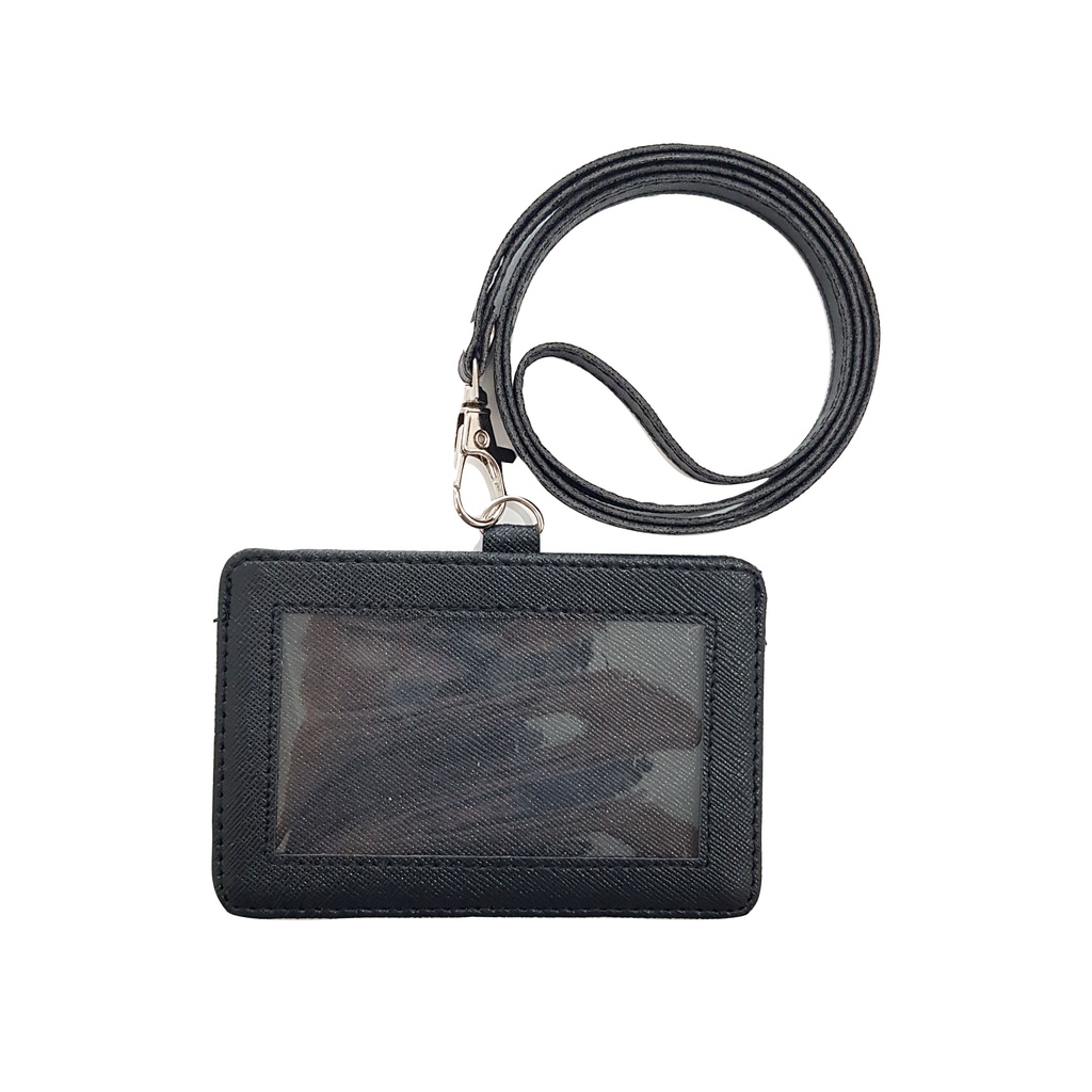 HITAM Name Tag Horizontal Black Leather Lanyard Landscape PU Leather ID ...