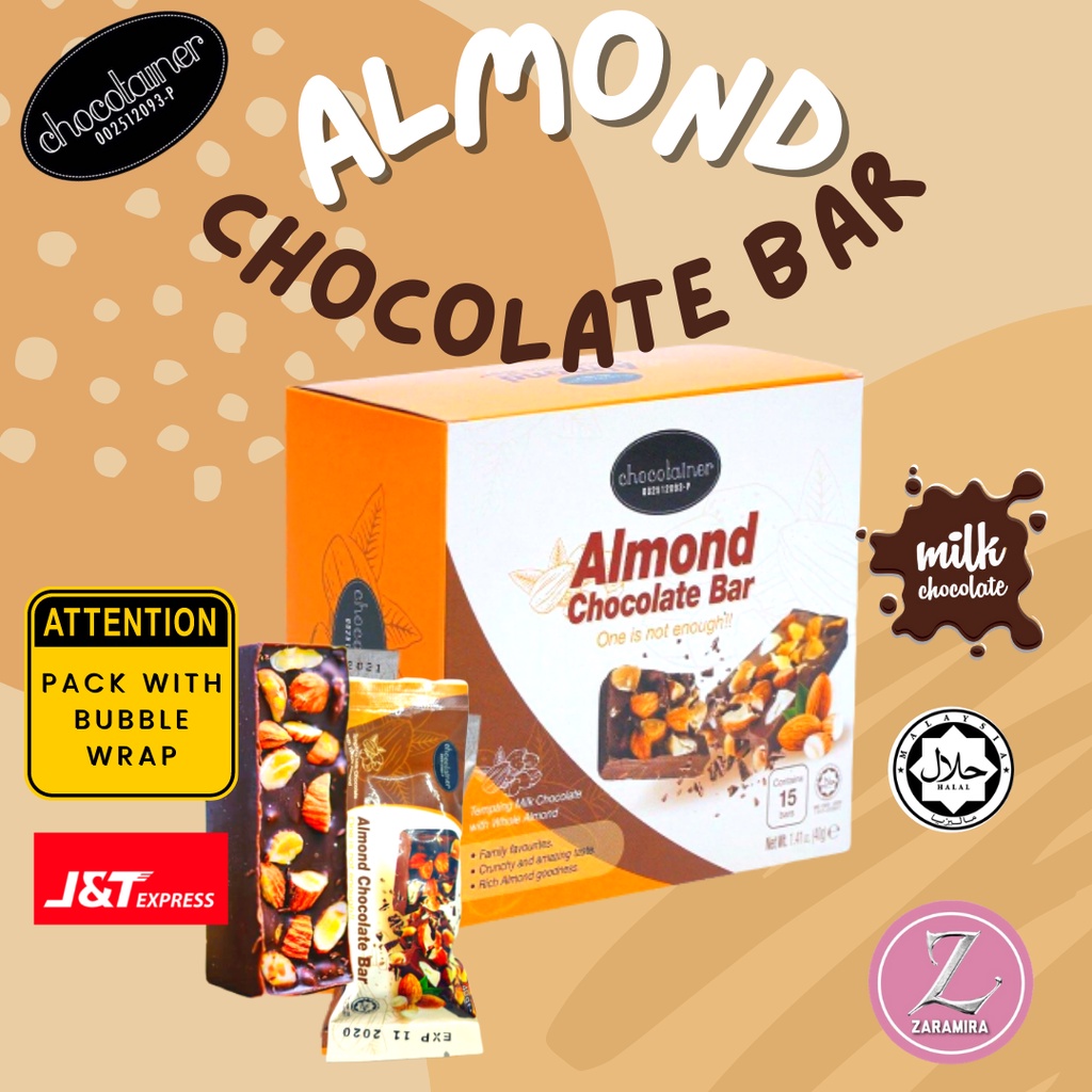 CHOCOTAINER Almond Milk Chocolate [15 pcs] / Coklat Badam / Snack Sihat ...