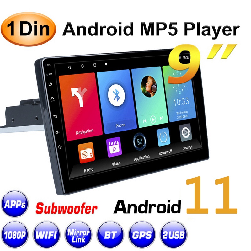 Android Player 9 inch Quad Core Android11 car radio player 1DIN Adjustable GPS Navigation WIFI ...