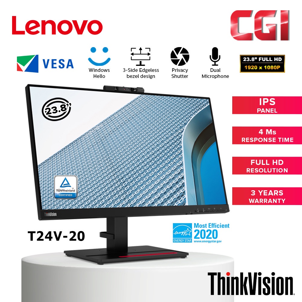 Lenovo ThinkVision 23.8" T24V-20 FHD IPS 1080p IR Camera Windows Hello ...