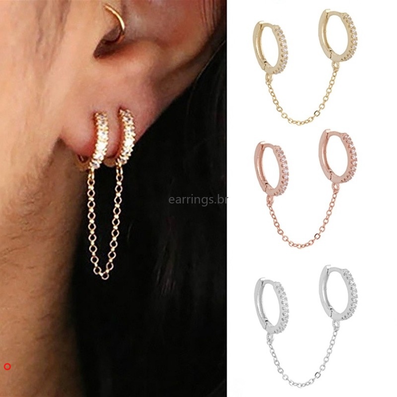 Hoop Chain Earrings, Double Piercing Earrings Small Hoop Chain Cuff ...