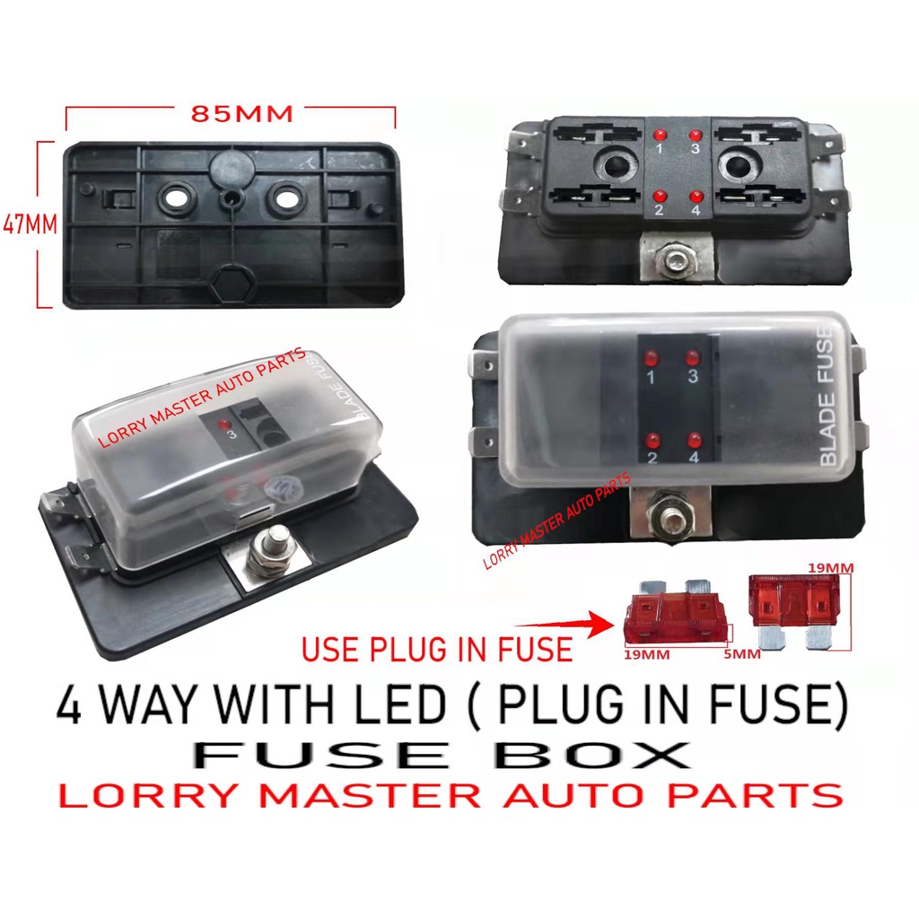 4WAY FUSE BOX WITH LED LIGHT (PLUG IN FUSE) UNIVERSAL CAR LORRY TRUCK ...