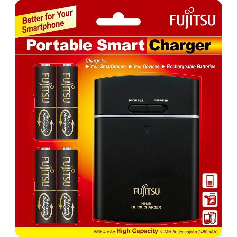 Fujitsu Portable Power Bank Charger + 4x AA NiMh Rechargeable Battery ...
