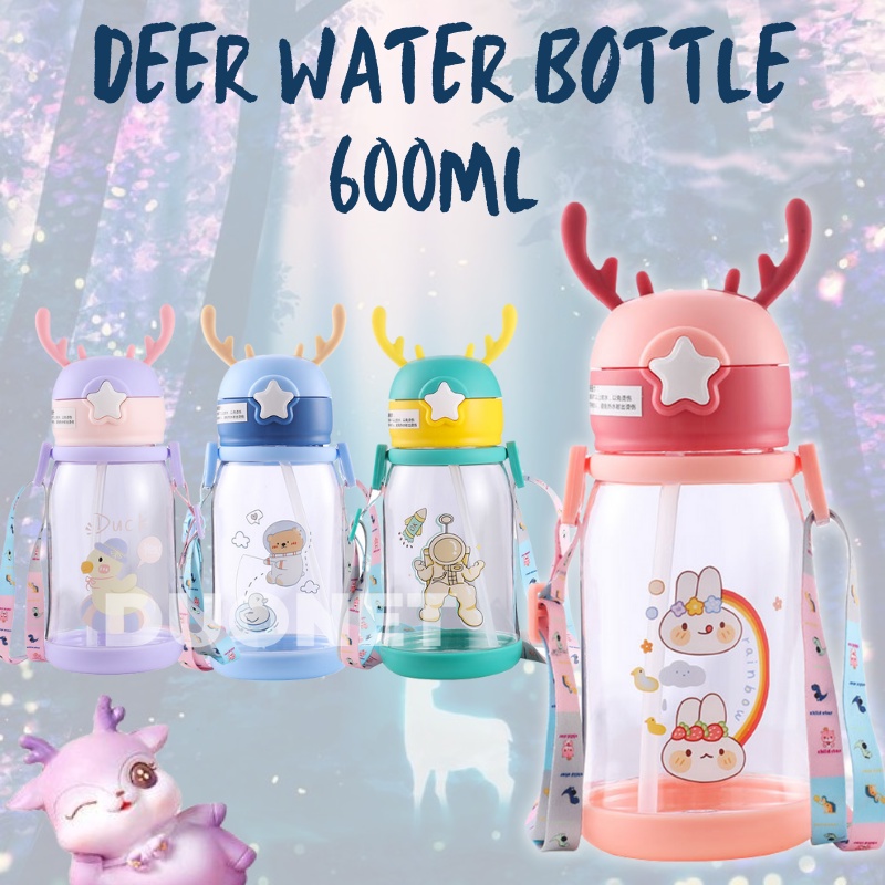 DUONET 600ml Cartoon Deer Kids Water Bottle Portable Straw Adjustable ...