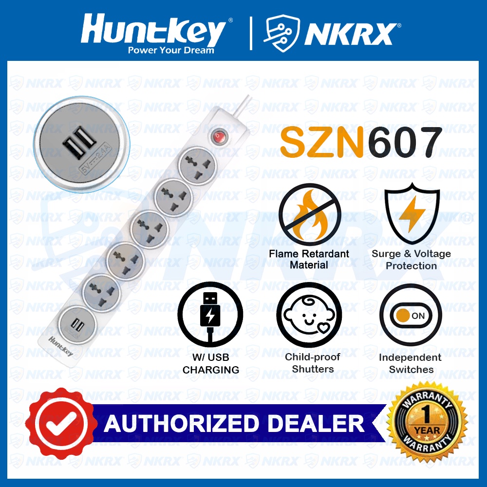 Huntkey SZN607 6 Socket Surge Protection Power Extension Cord with USB ...