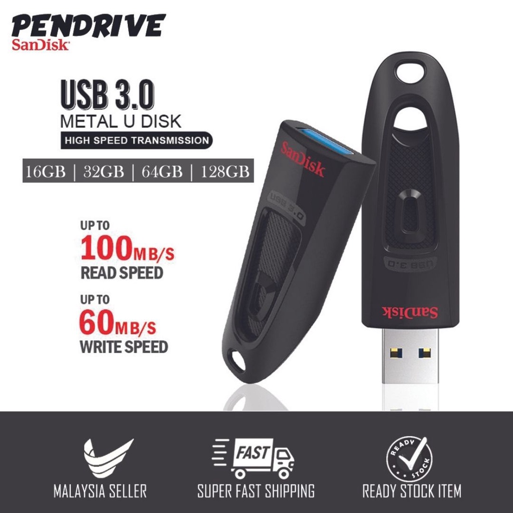 SanDisk CZ48 Ultra USB 3.0 100MB/s Flash Drive (16GB/32GB/64GB/128GB ...